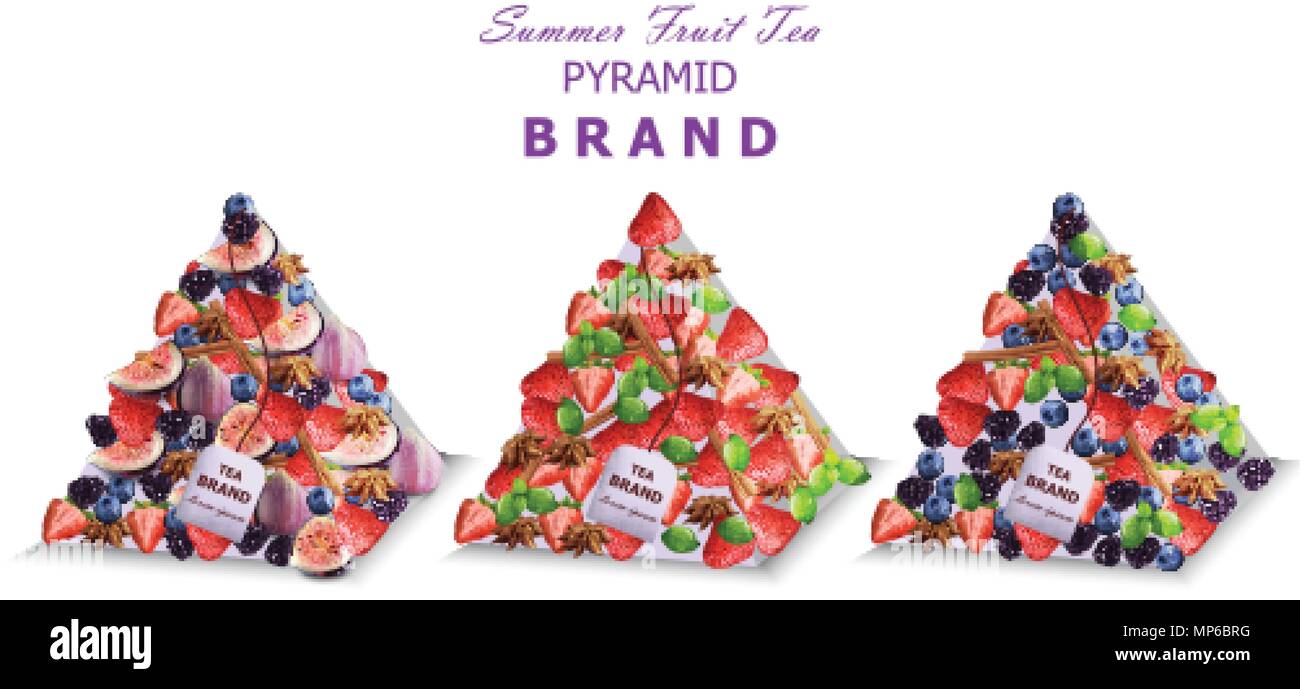 Summer fruits tea packs Vector. Pyramid design fresh fruits mixes Stock ...