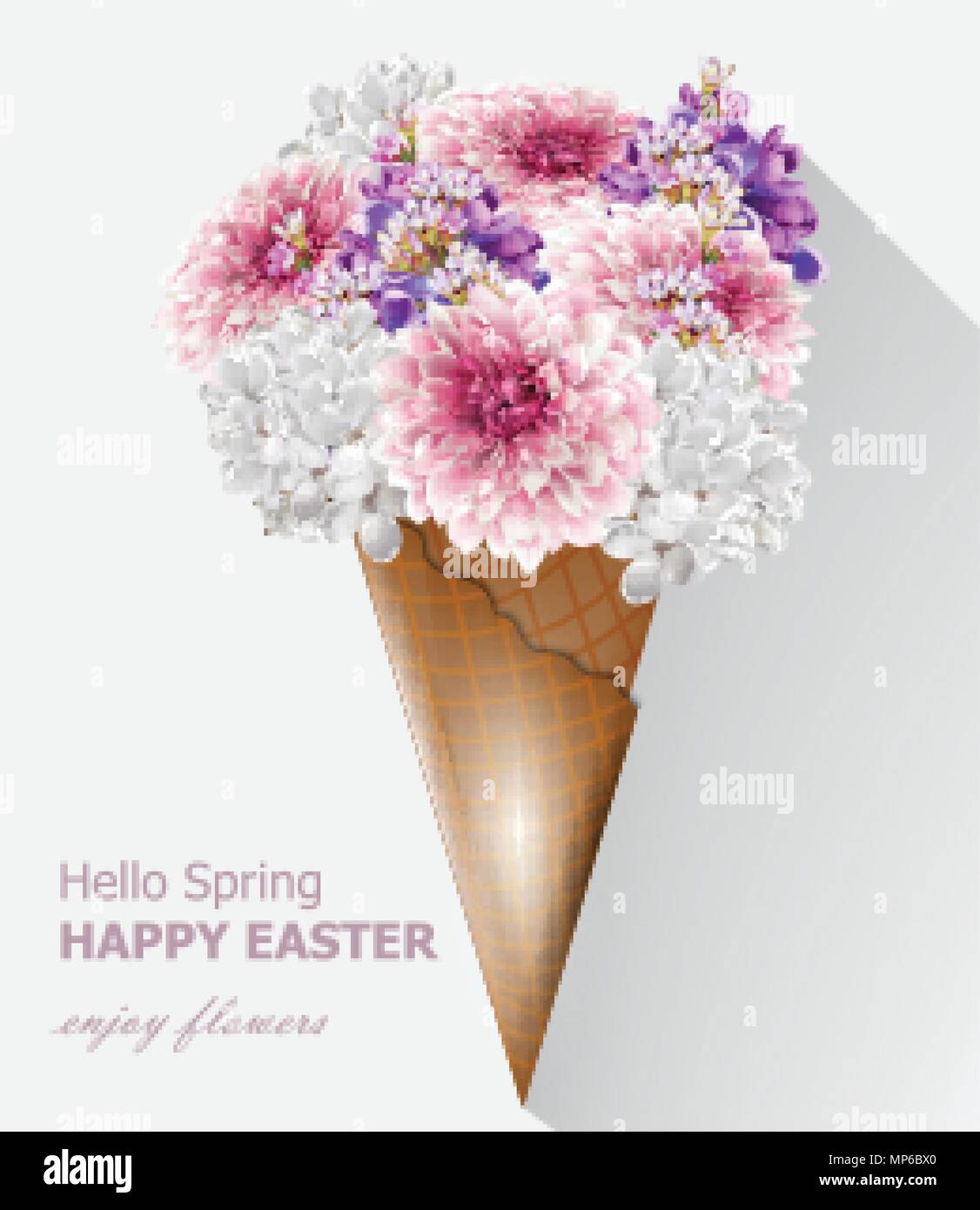 Hello spring flowers bouquet in an ice cream cone. Vector Beautiful ...
