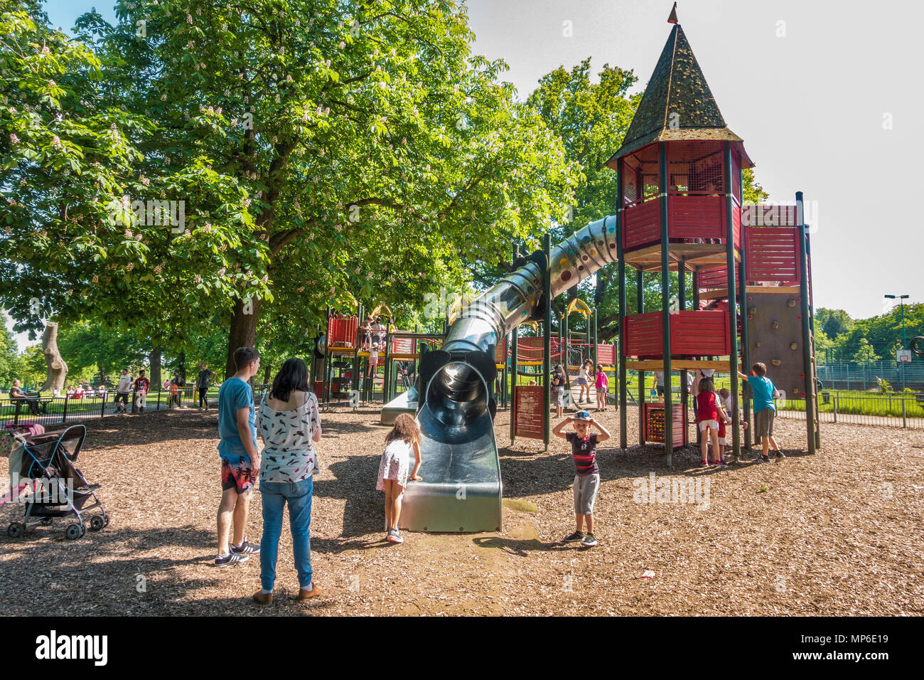 Children play outside on climbing frames in Prospect Park in Reading ...