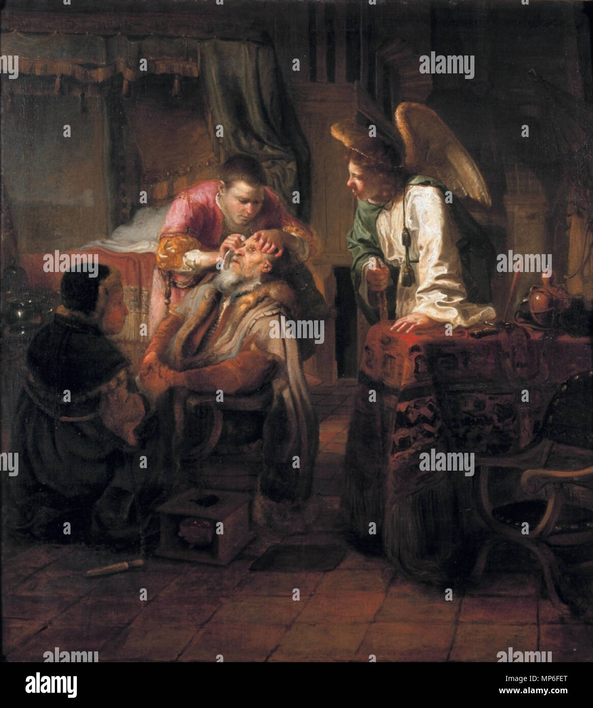 The healing of Tobit: Tobias puts the gall of the fish on his father's ...