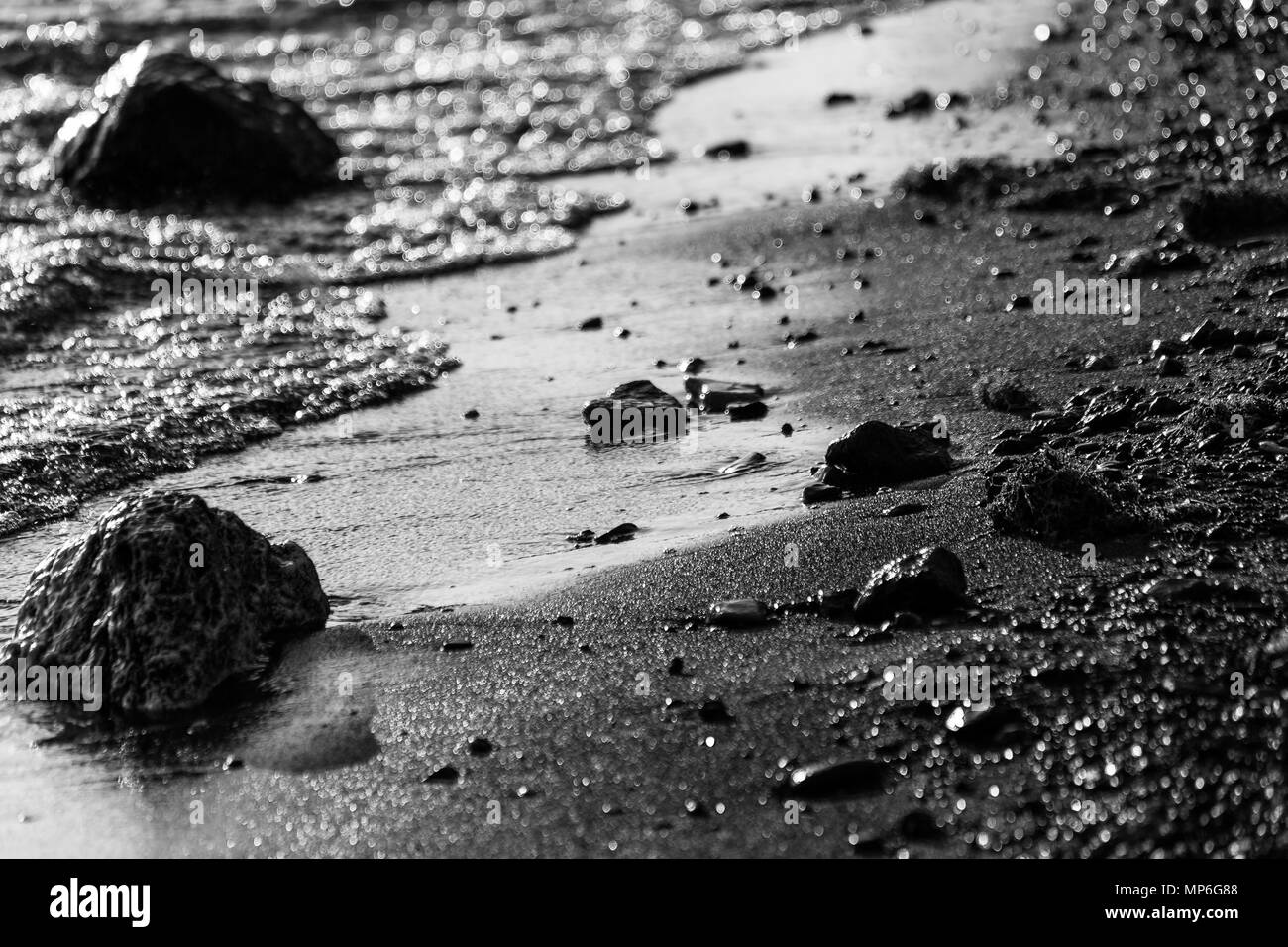 A close view of water on a lake shore at sunset, with details of Stock ...
