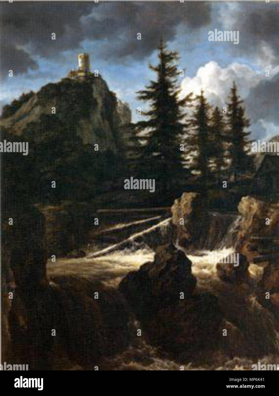 Castle on a Mountain with a Waterfall and Pine trees 1660s. 684 Jacob ...