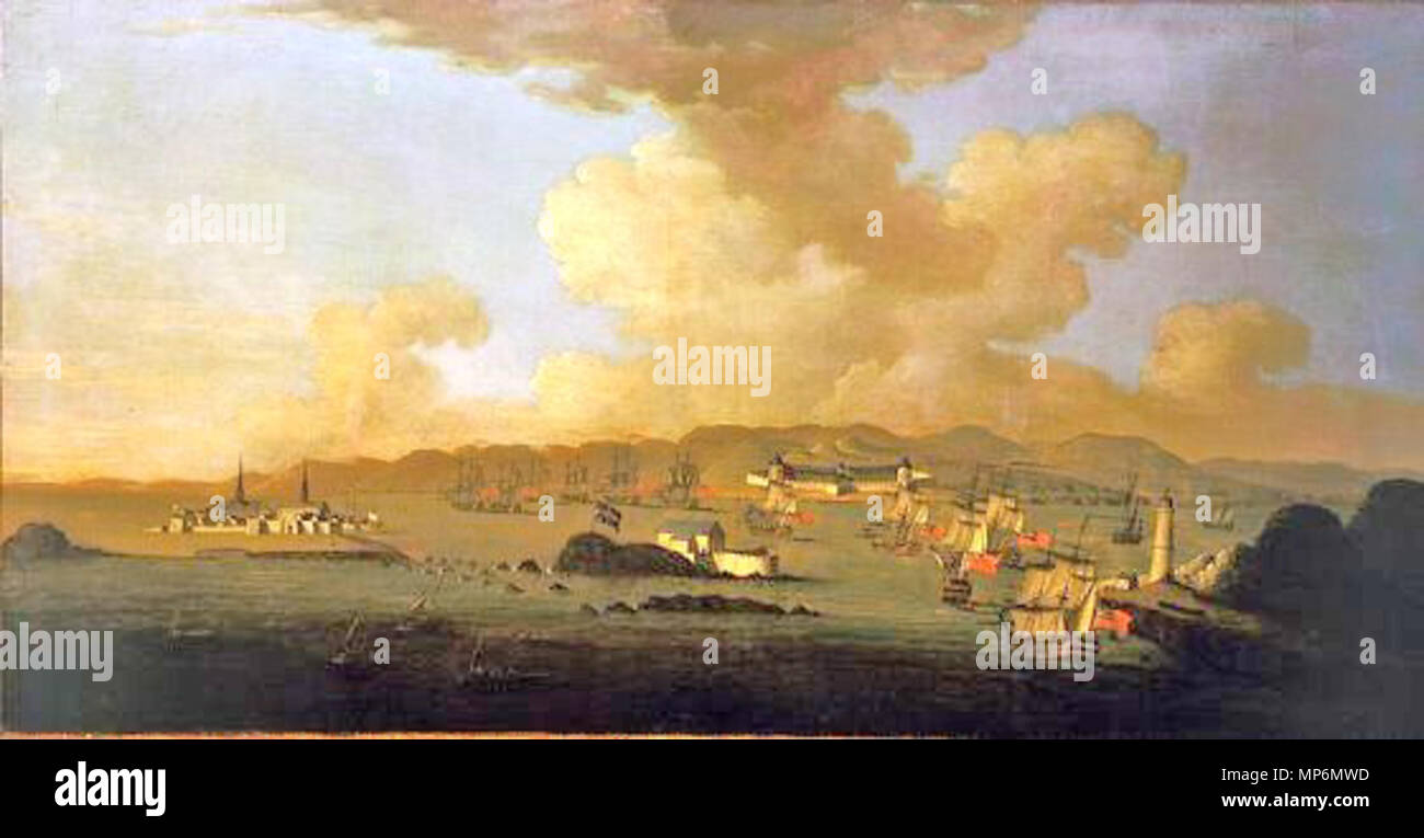 . English: The British fleet advances on the Fortress of Louisbourg en ...