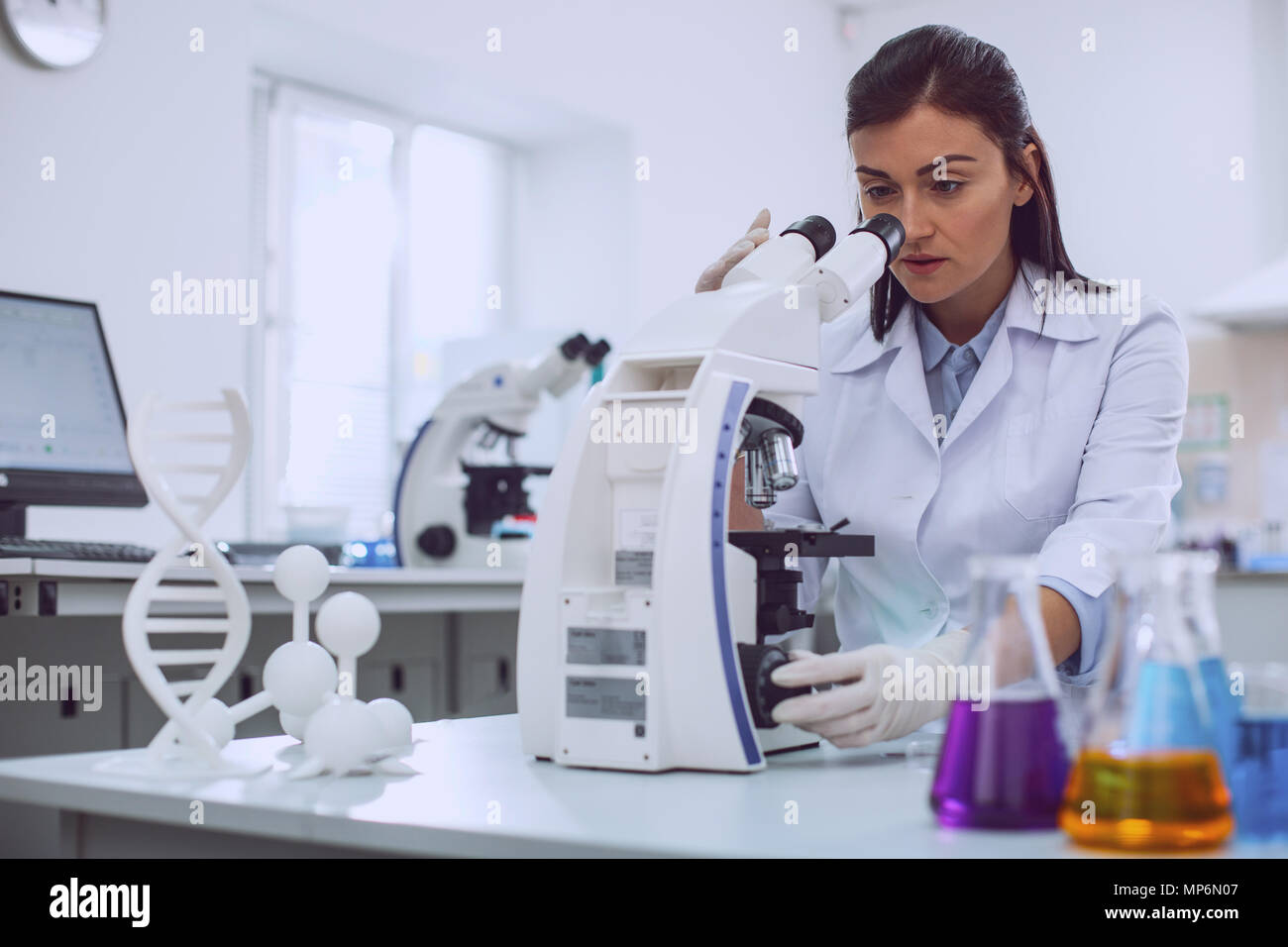 Serious researcher looking into the microscope Stock Photo - Alamy