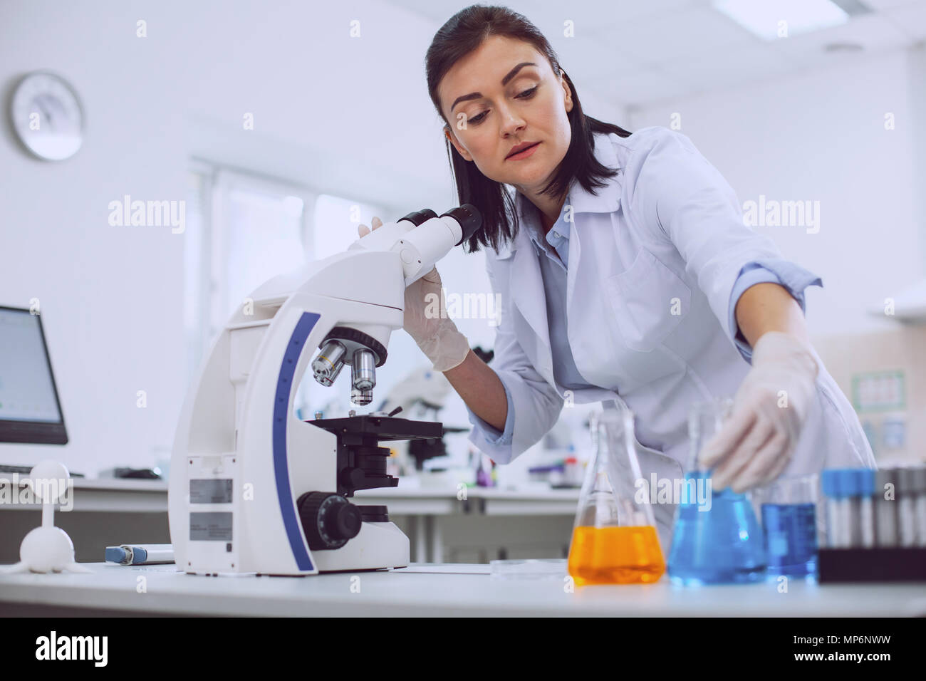Serious female biologist working with a microscope Stock Photo - Alamy