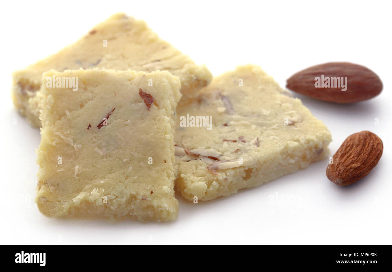 Tasty almond barfi over white background Stock Photo - Alamy