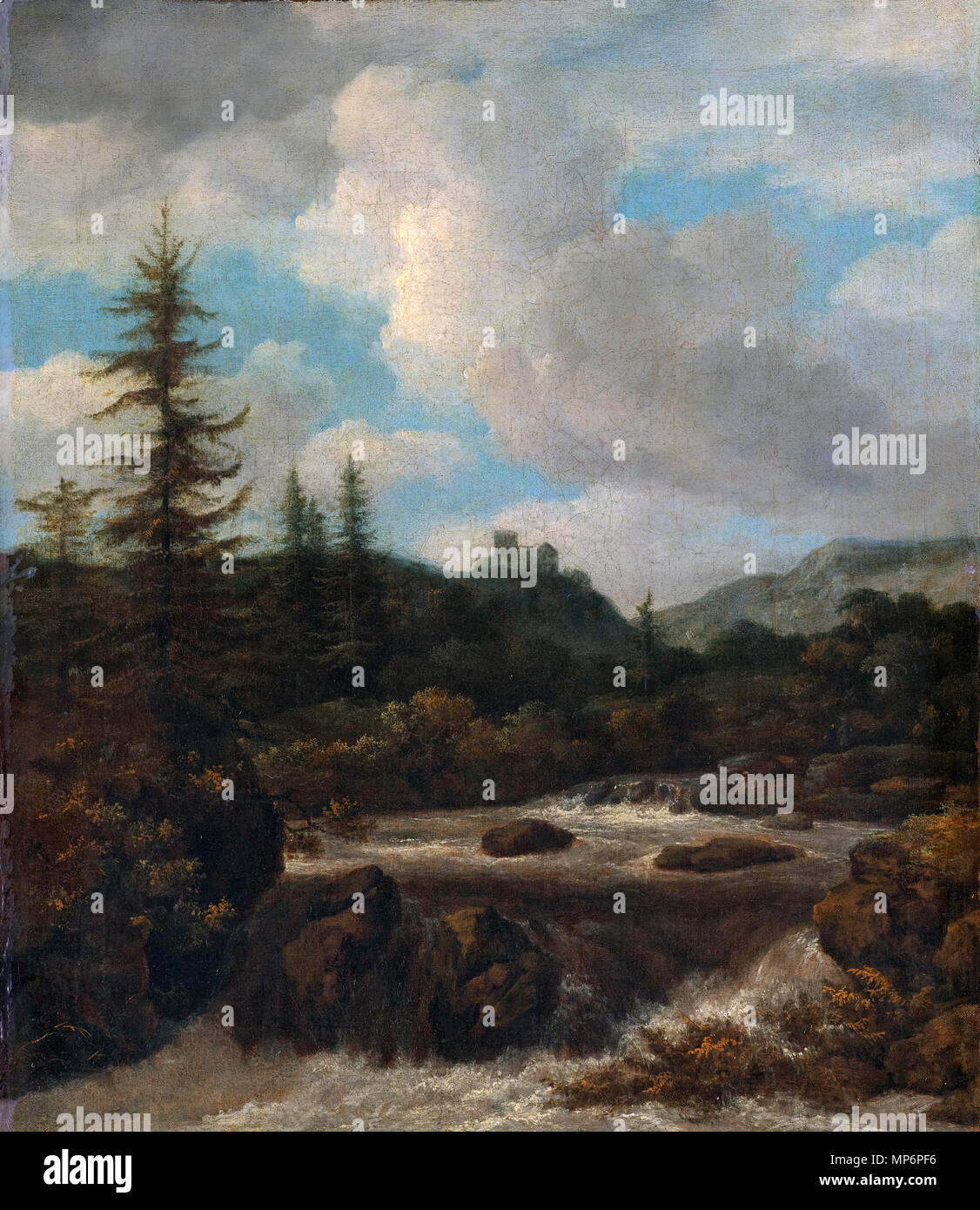 English: Landscape with a Waterfall near a Castle 1670s. 684 Jacob van ...