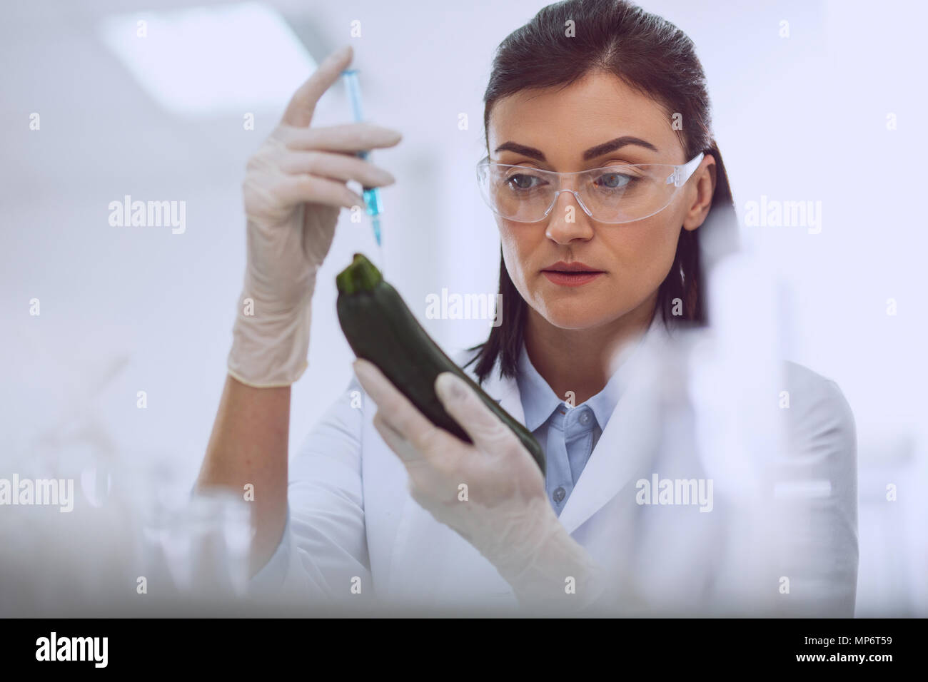 Concentrated young researcher testing a marrow squash Stock Photo - Alamy