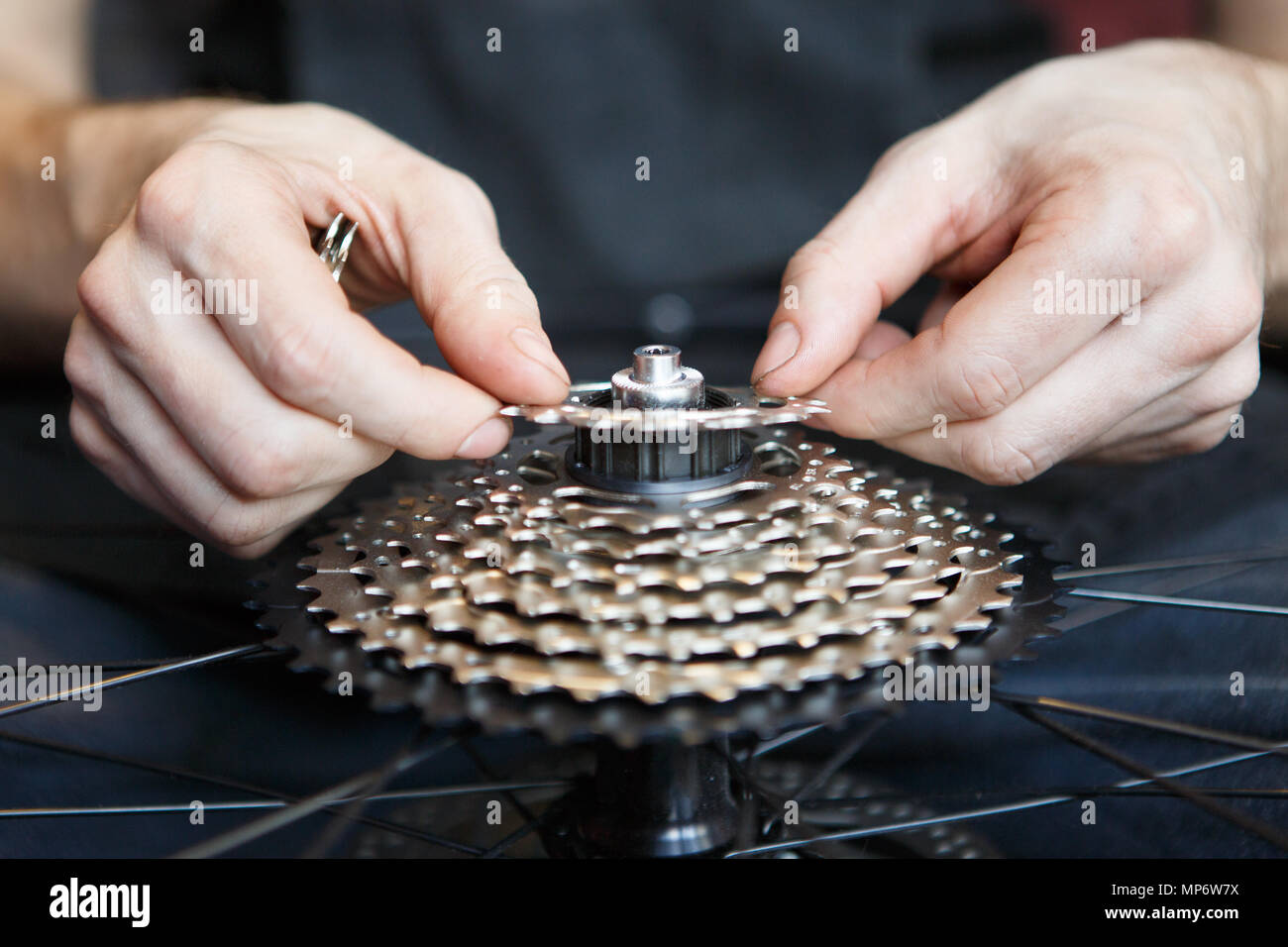 Image of man repairing bicycle gear. Blurred background Stock Photo - Alamy