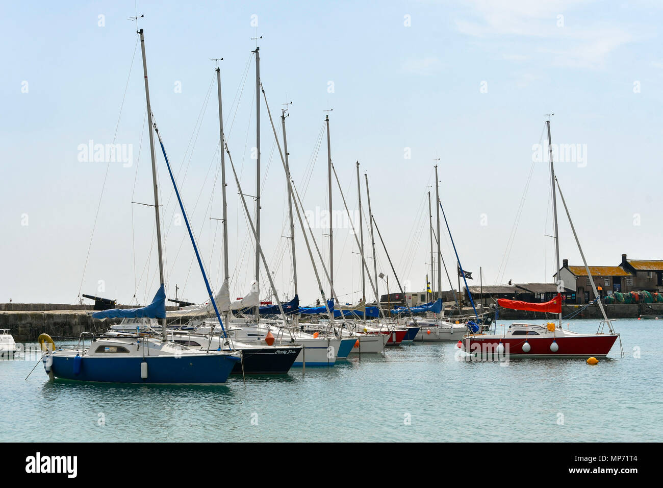 Lyme Regis, Dorset, UK. 21st May 2018. UK Weather. Boats in the Cobb ...