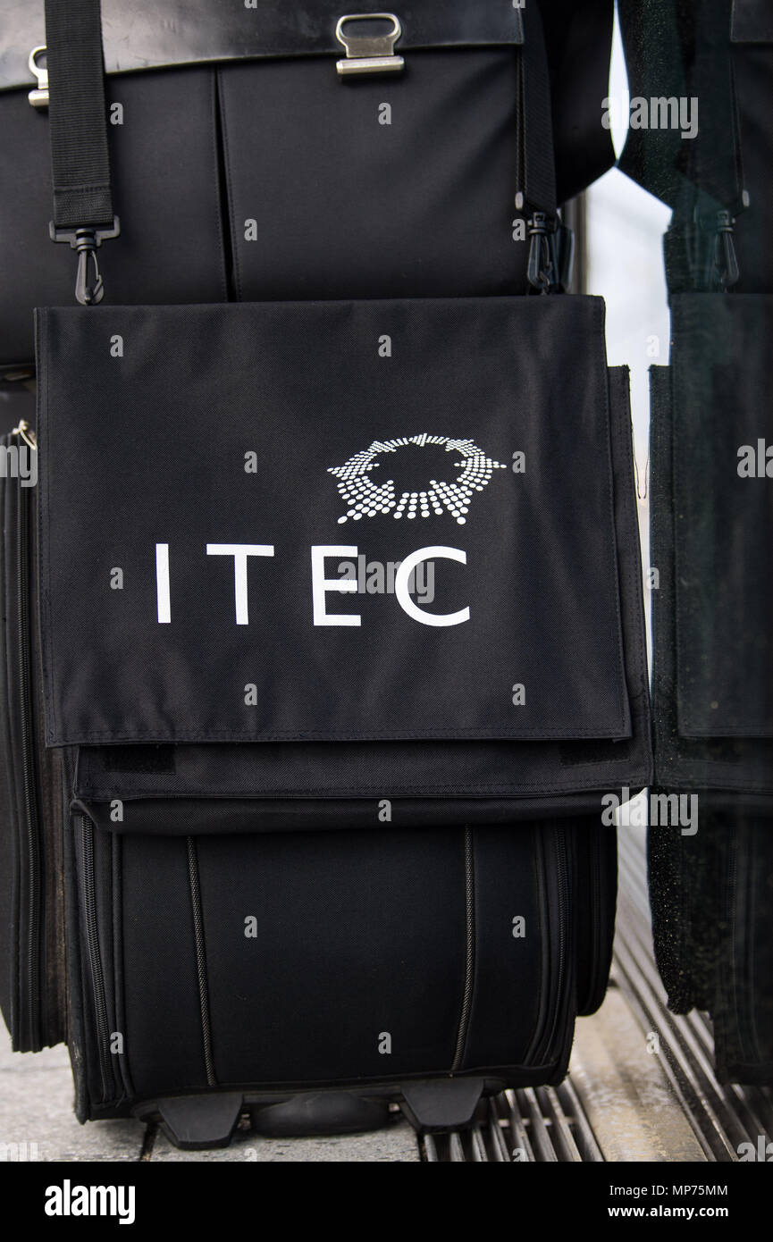 Stuttgart, Germany. 15th May, 2018. 15 May 2018, Germany, Stuttgart: A bag with the ITEC logo ...