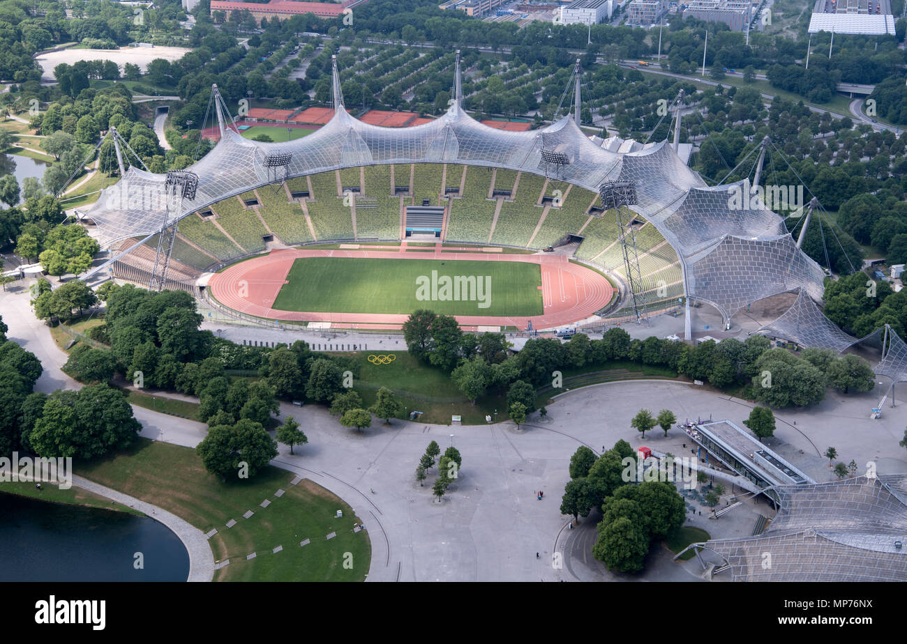 15 May 2018, Germany, Munich: Picture of the Olympic Stadium in Munich ...