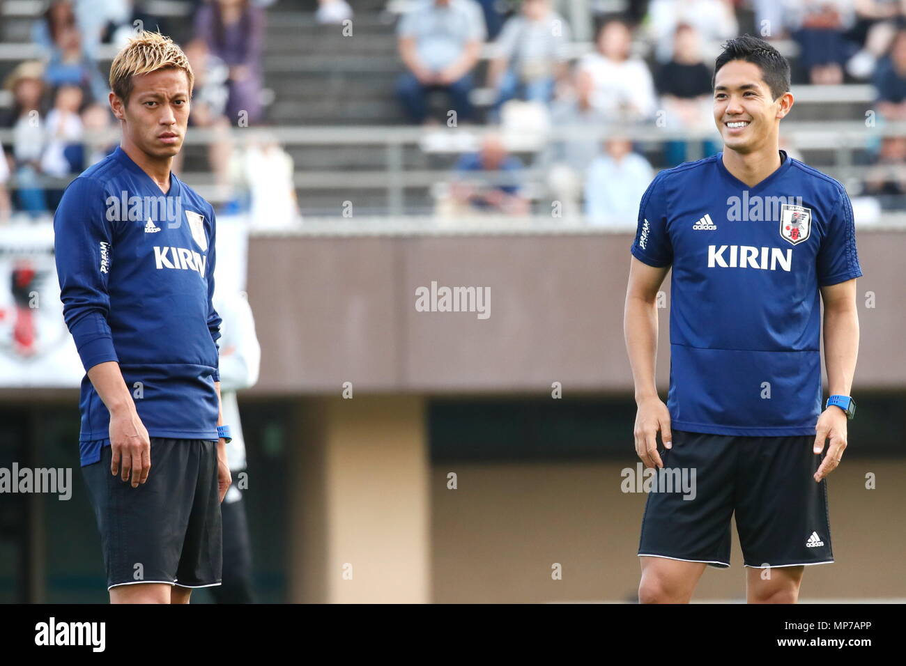 Frontier soccer field, Chiba, Japan. 21st May, 2018. (L-R) Keisuke Honda, Yoshinori Muto (JPN ...