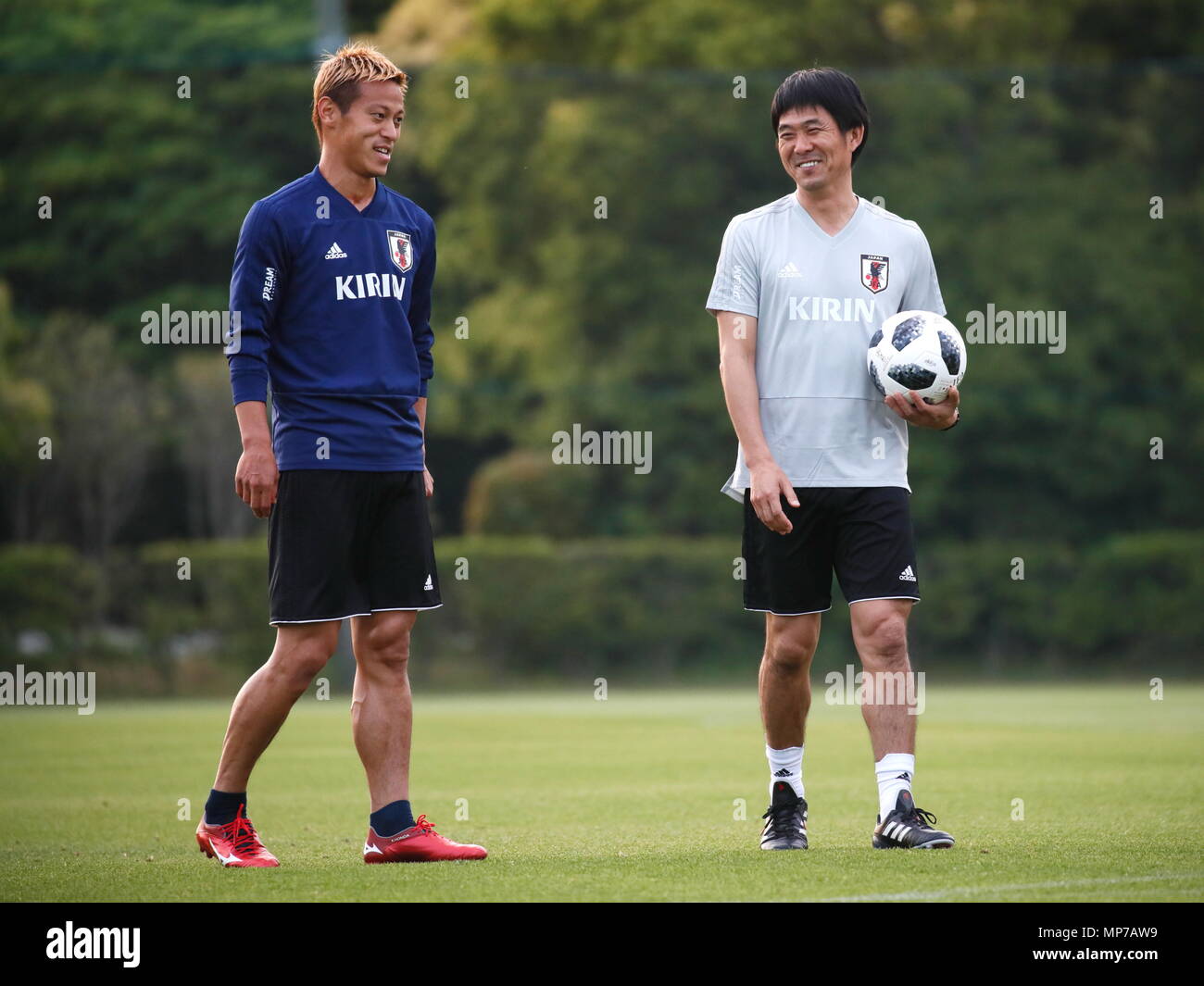 Frontier soccer field, Chiba, Japan. 21st May, 2018. (L-R) Keisuke Honda, Hajime Moriyasu (JPN ...
