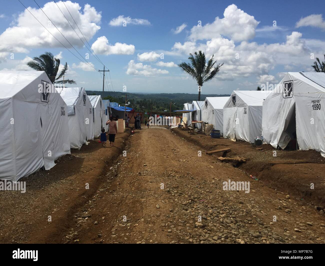 07 May 2018, Philippines, Marawi: Rows of white tents in a temporary ...