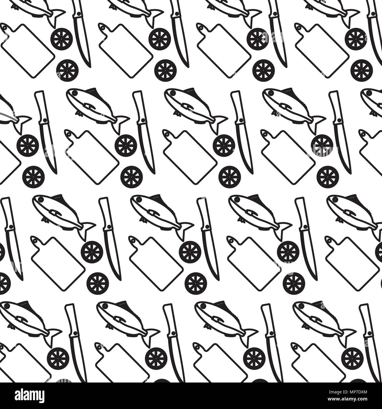 line fish food with lemon and kitchen utensils background Stock Vector ...