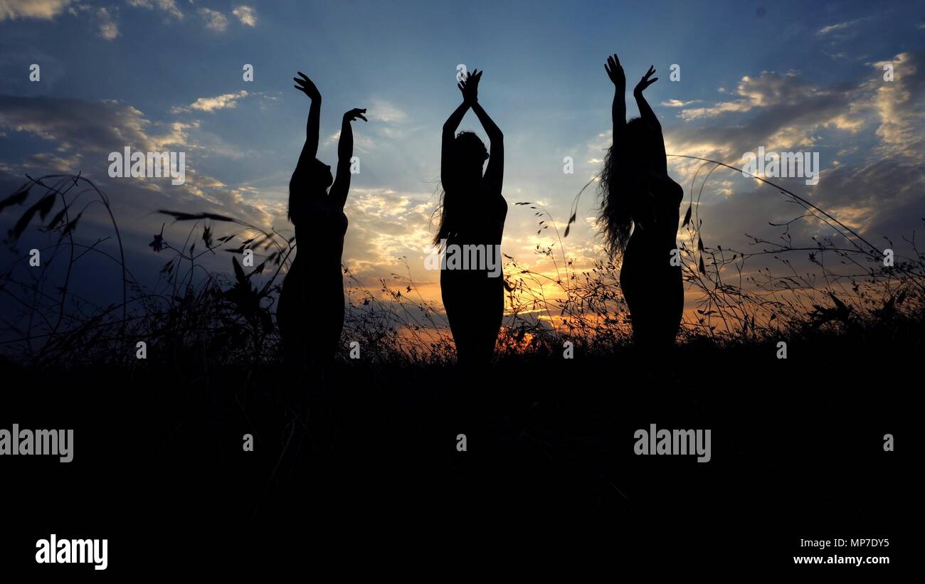 Female shadow silhouettes doing yoga in steppe, sunset background Stock ...