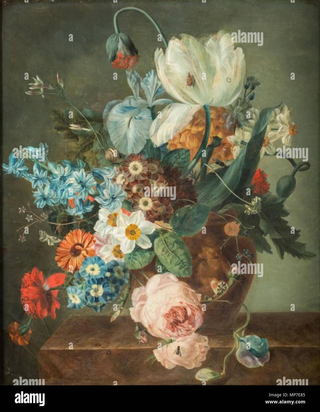 . English: Flowers in a vase on a stone slab with insects, signed ...