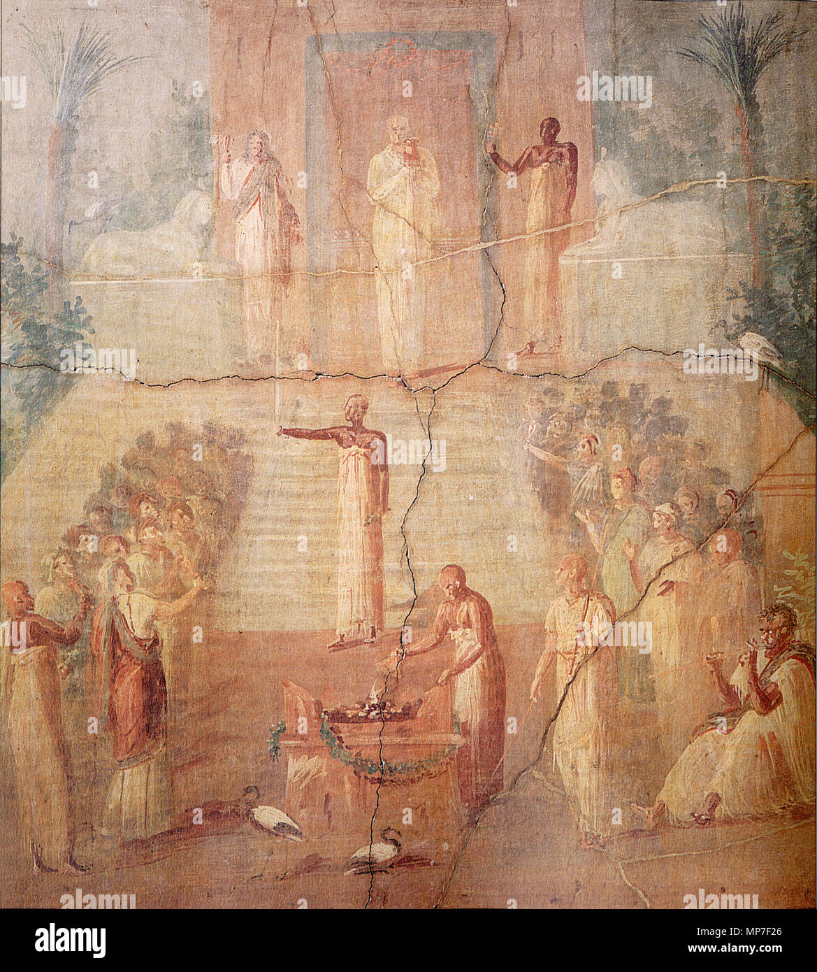 . English: 'White-robed priests of Isis perform a water ritual as ...