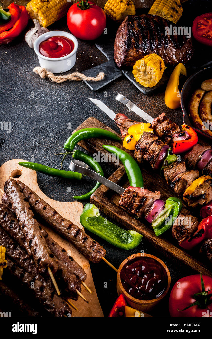 Assortment various barbecue food grill meat, bbq party fest - shish ...
