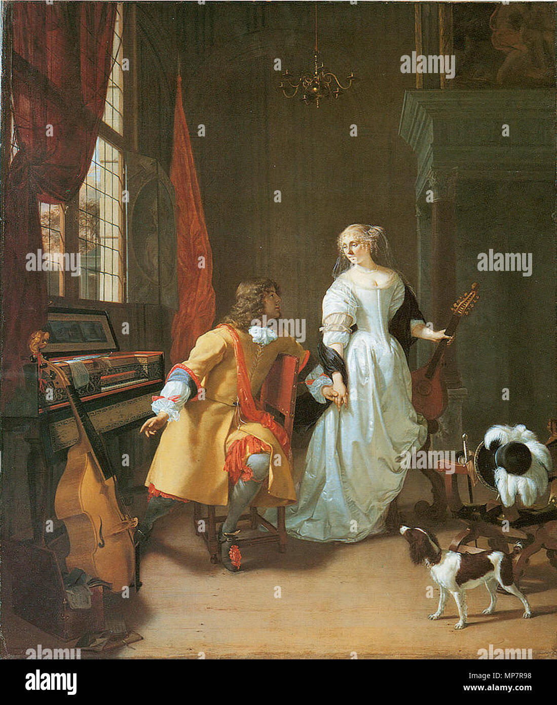 An elegant couple with musical instruments in an interior. 1674. 705 ...