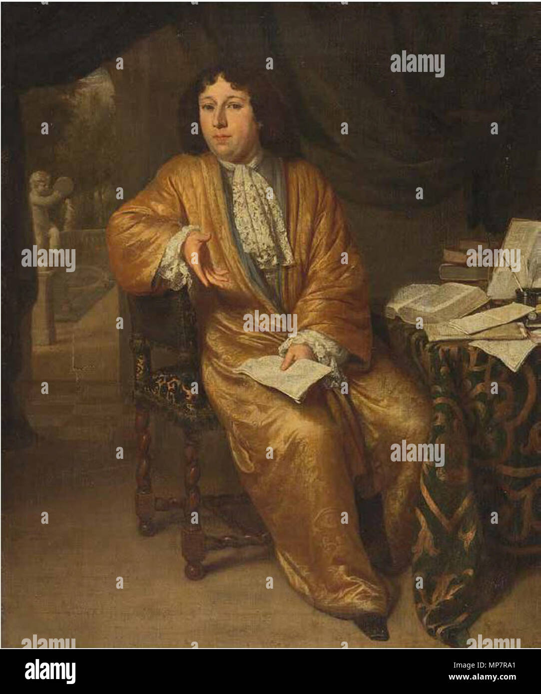 Portrait of an aristocratic man holding a letter in an interior 1684 ...