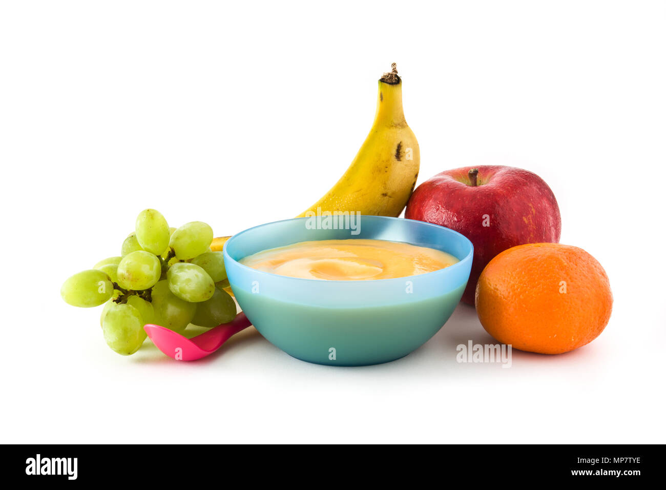 Baby food: colorful bowl of fruit puree isolated on white background ...