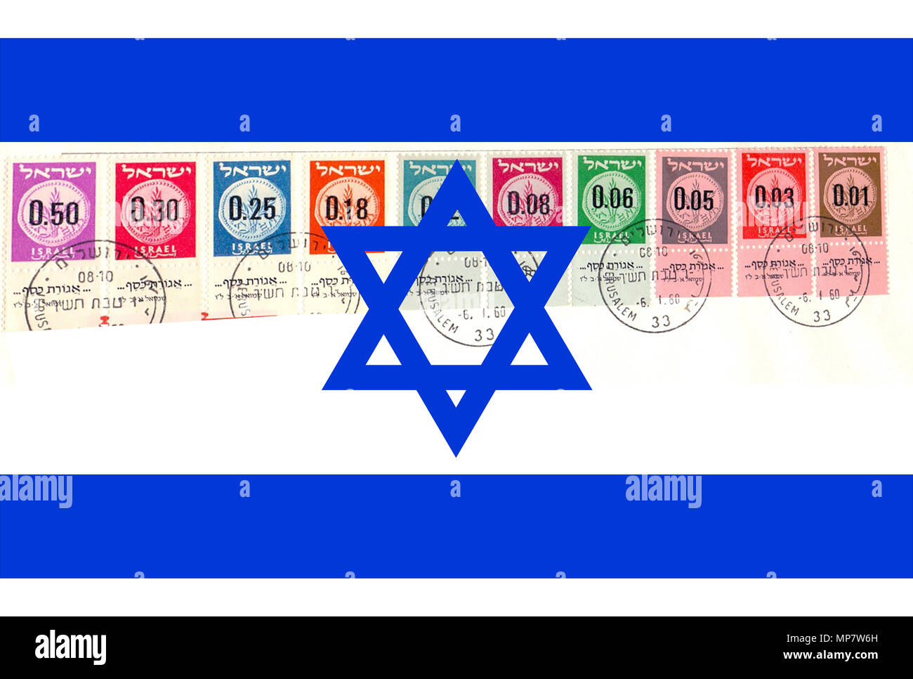 Digitally enhanced image Israeli Stamps (from 1960) on Israeli flag ...