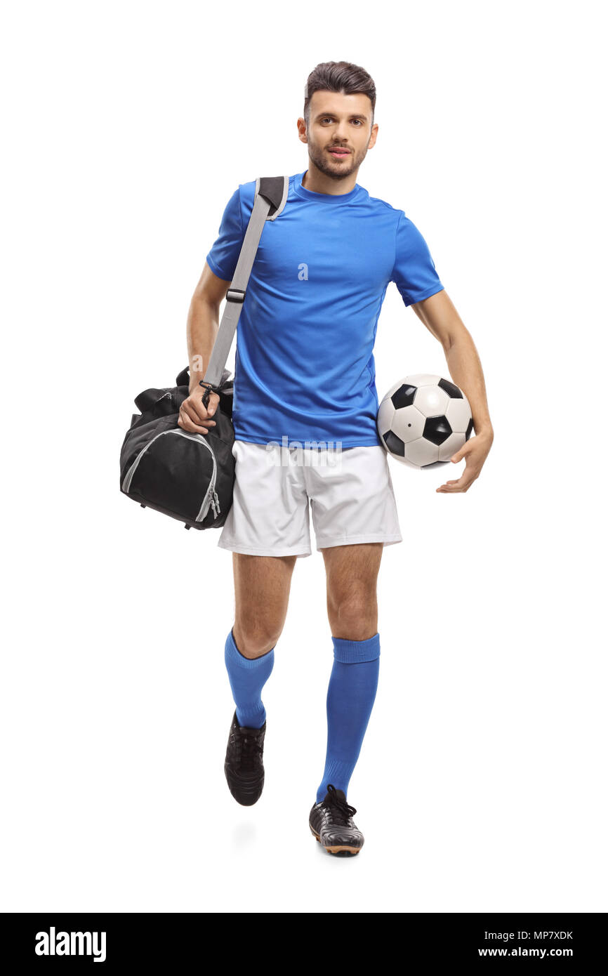 Full length portrait of a soccer player with a bag and a football ...