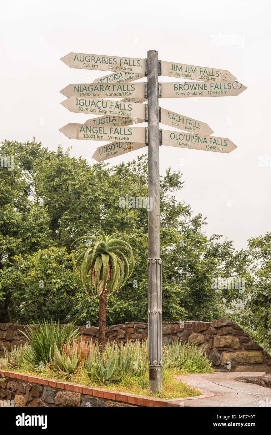A signpost, showing the distances to famous waterfall of the world, at ...