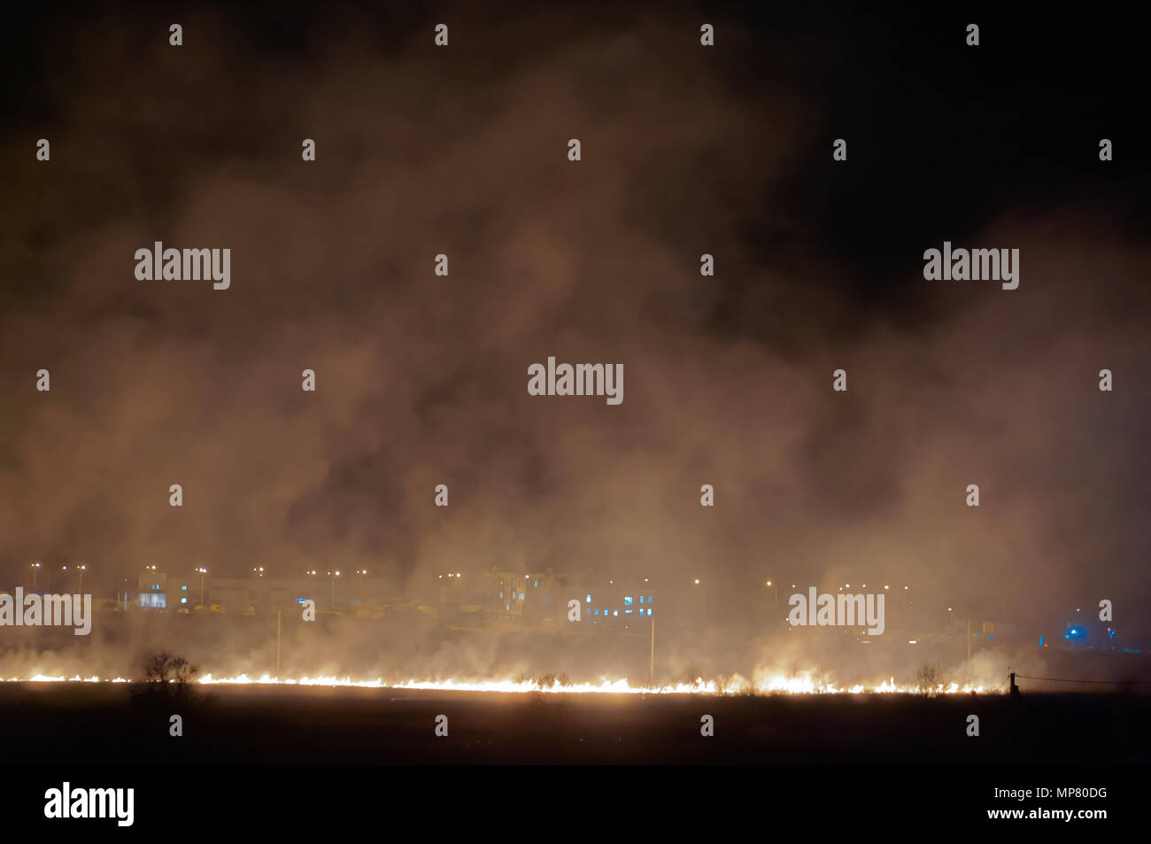 the smoke from the burning field, fire in the field at night, burning ...