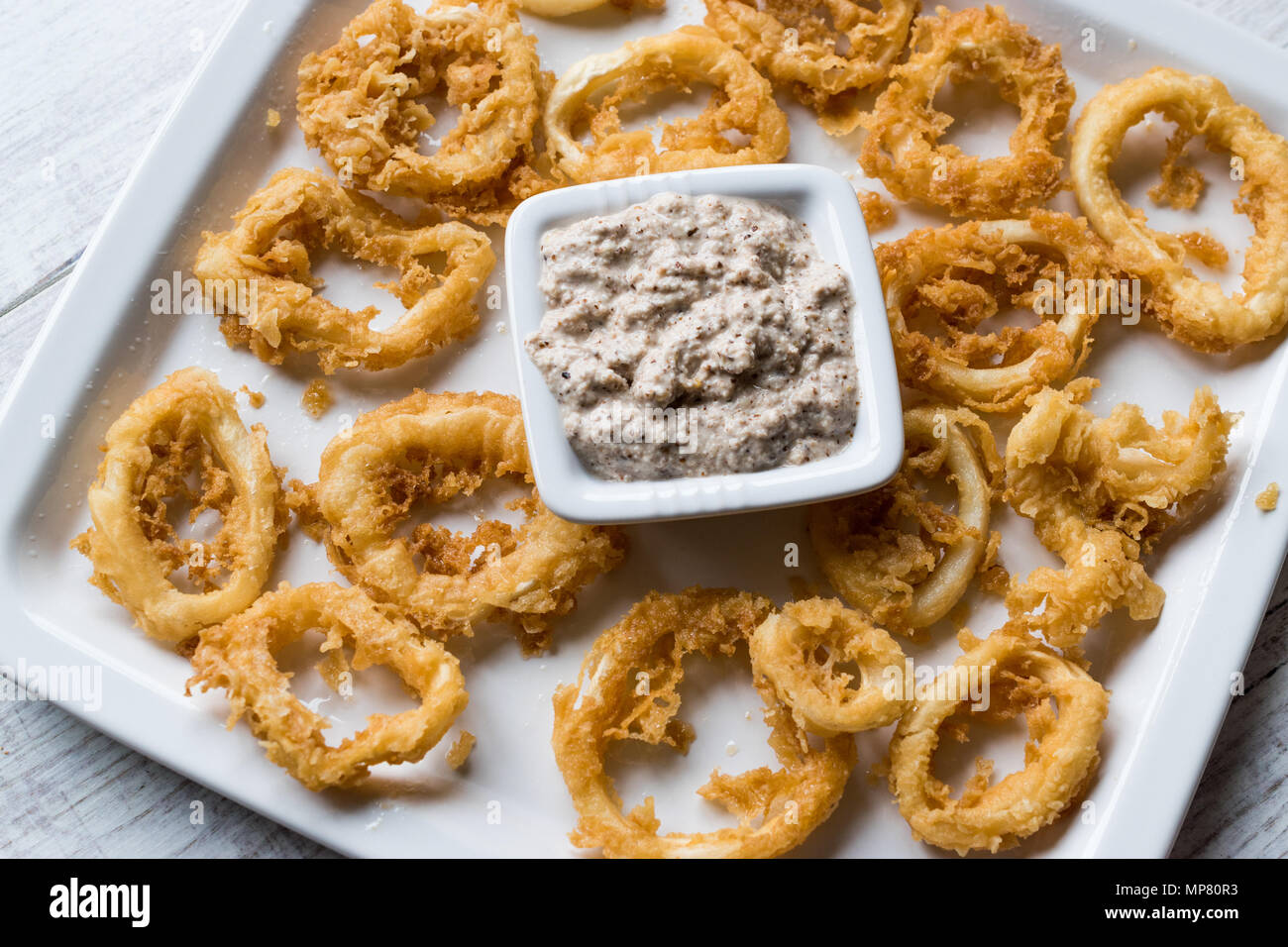 Fried Crispy Calamari Squid Rings with Tartar Sauce and Lemon. SeaFood ...