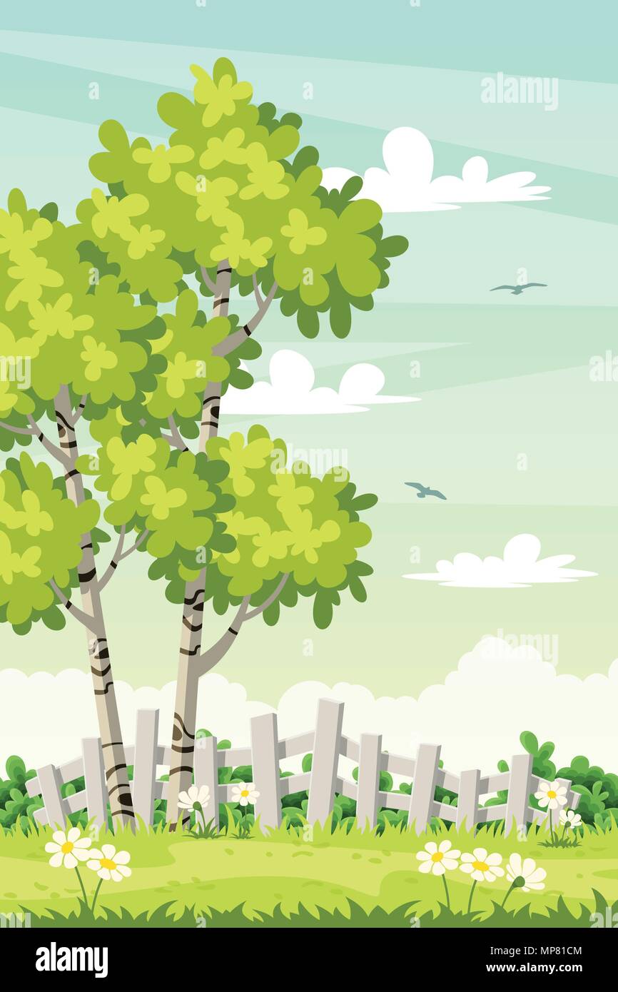 Spring landscape with trees and fence Stock Vector Image & Art - Alamy