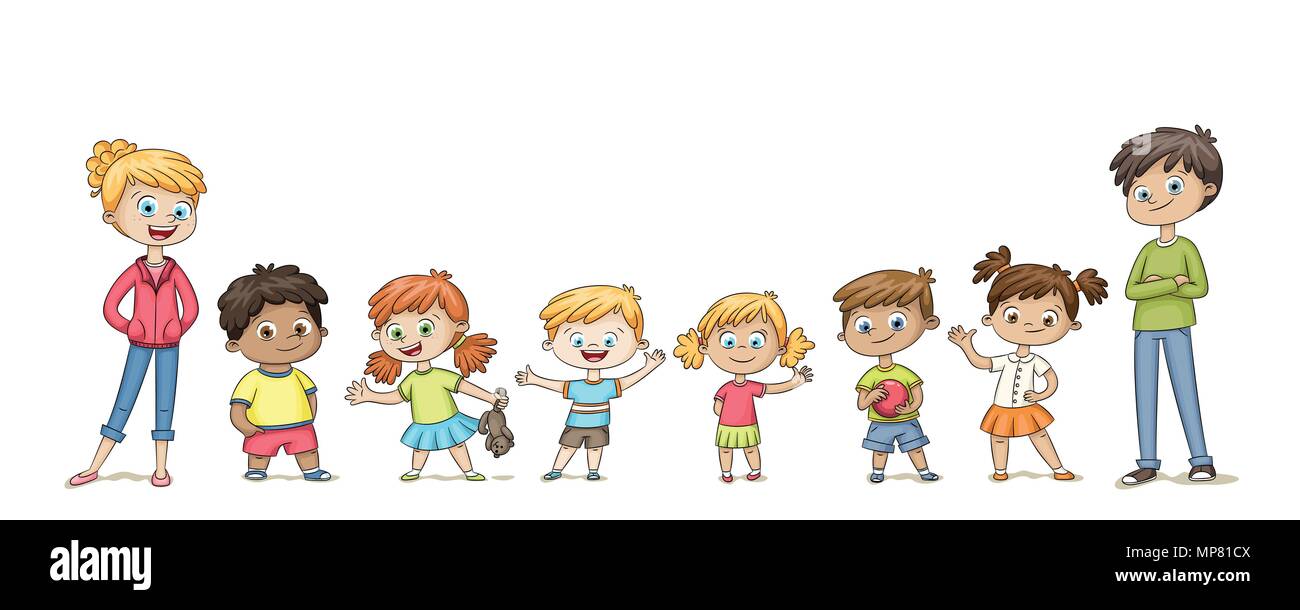 Cute children standing in a row and wave. Funny cartoon character ...