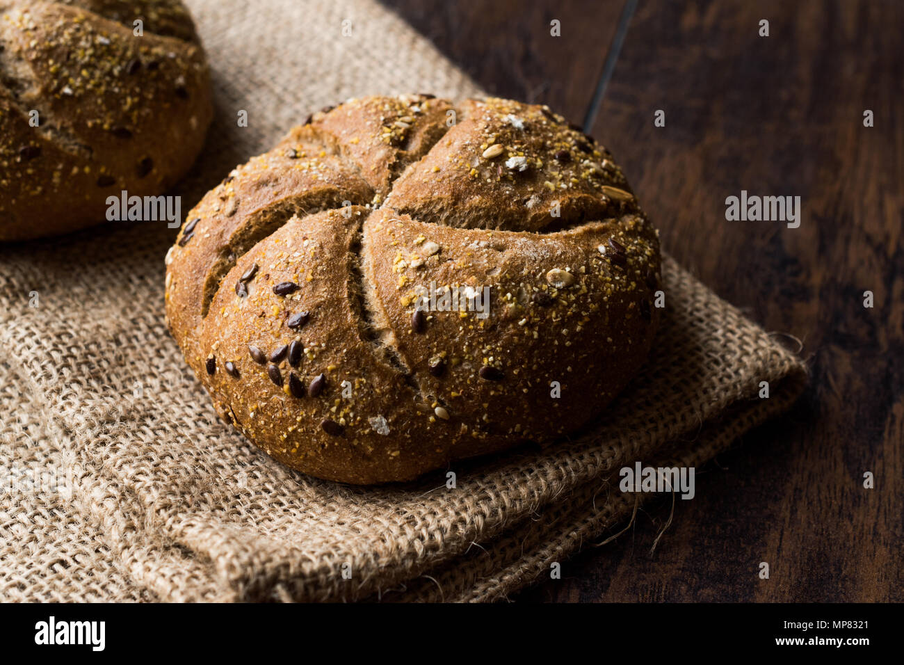Freshly Baked Whole Wheat Grain Kaiser Roll Round Breads with Sack ...