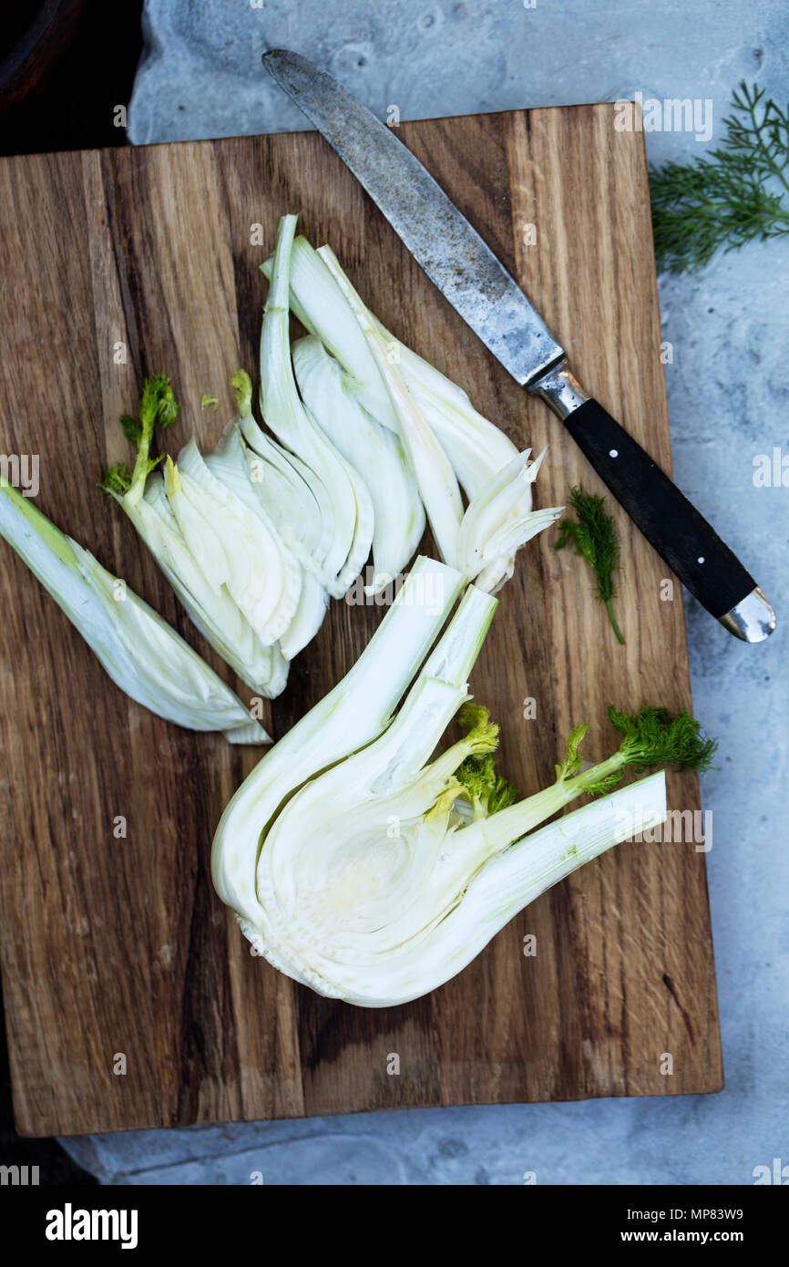 cut fennel on a board. top view Stock Photo - Alamy