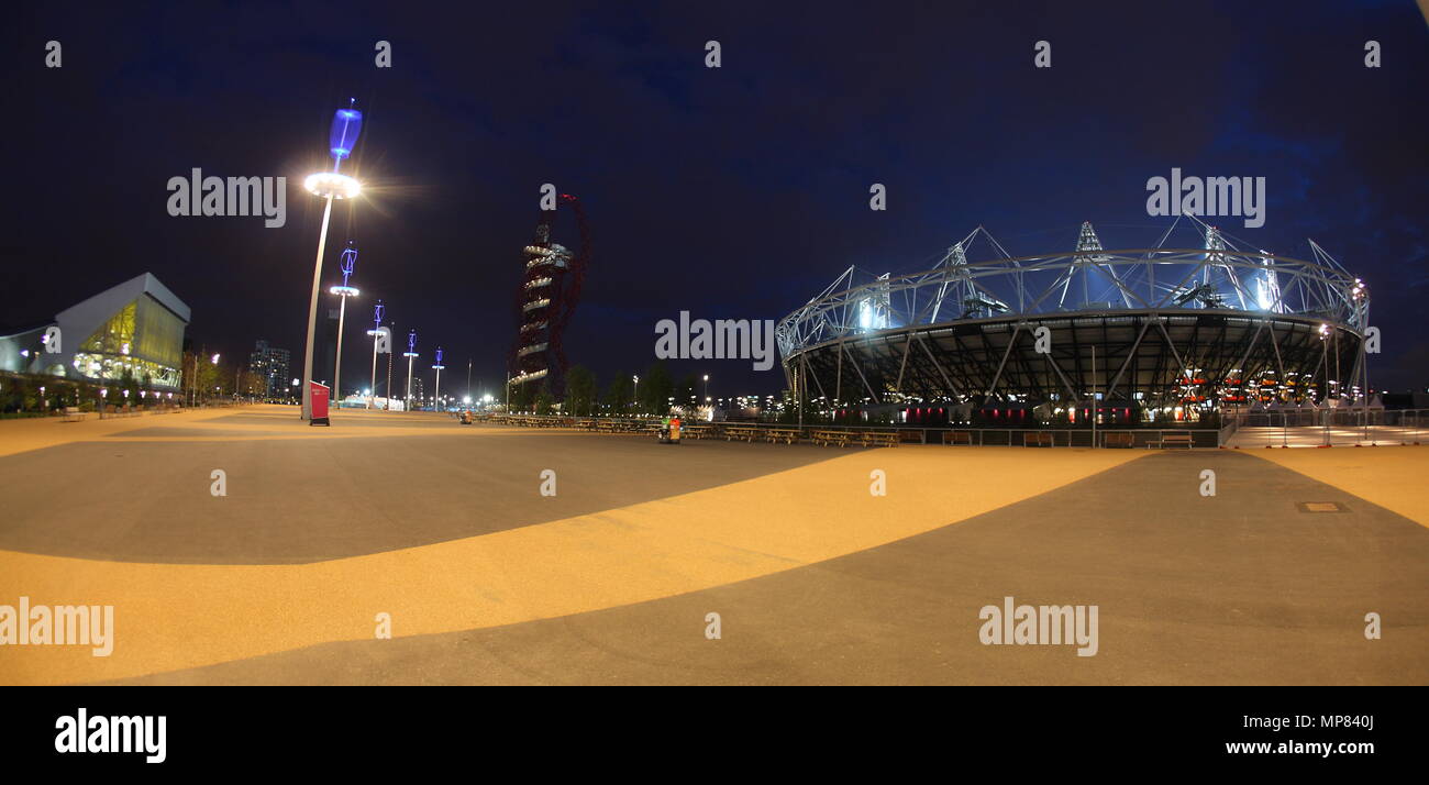Night time landscape views of the Stadium (R), Aquatic Centre (L) and ...