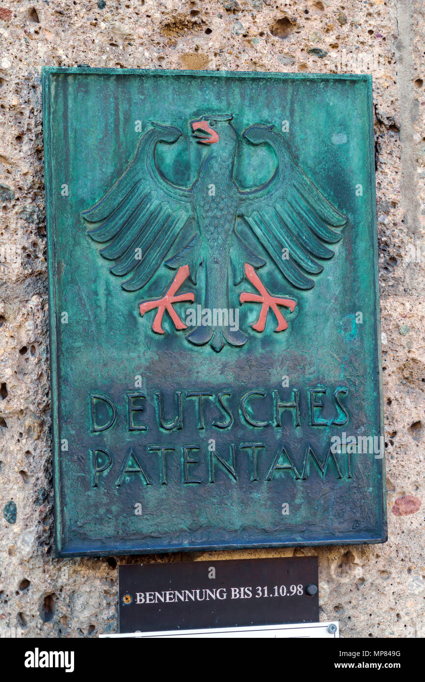 Munich, Germany - October 20, 2017: Wall signboard of the German patent ...
