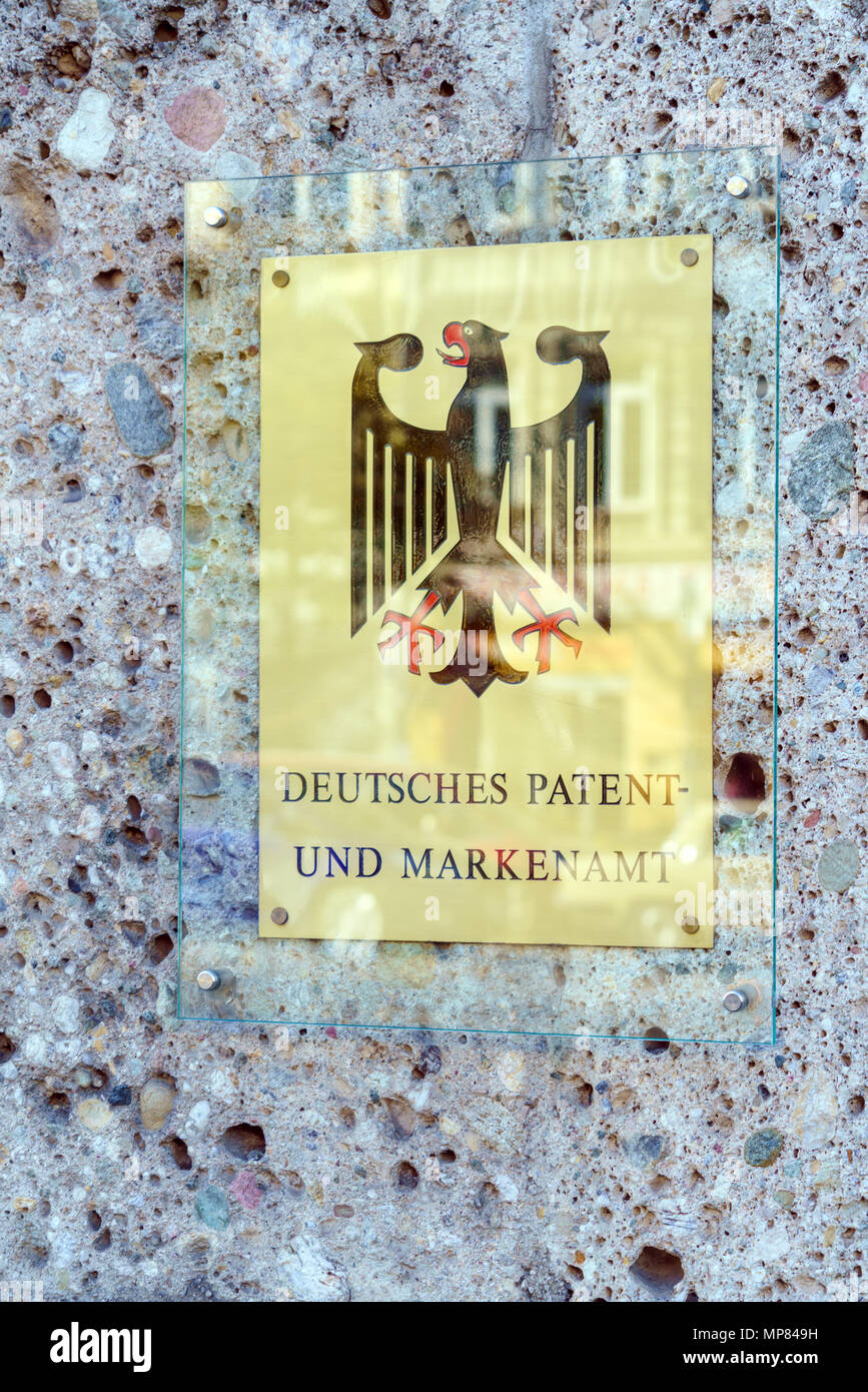 Munich, Germany - October 20, 2017: Wall signboard of the German patent ...