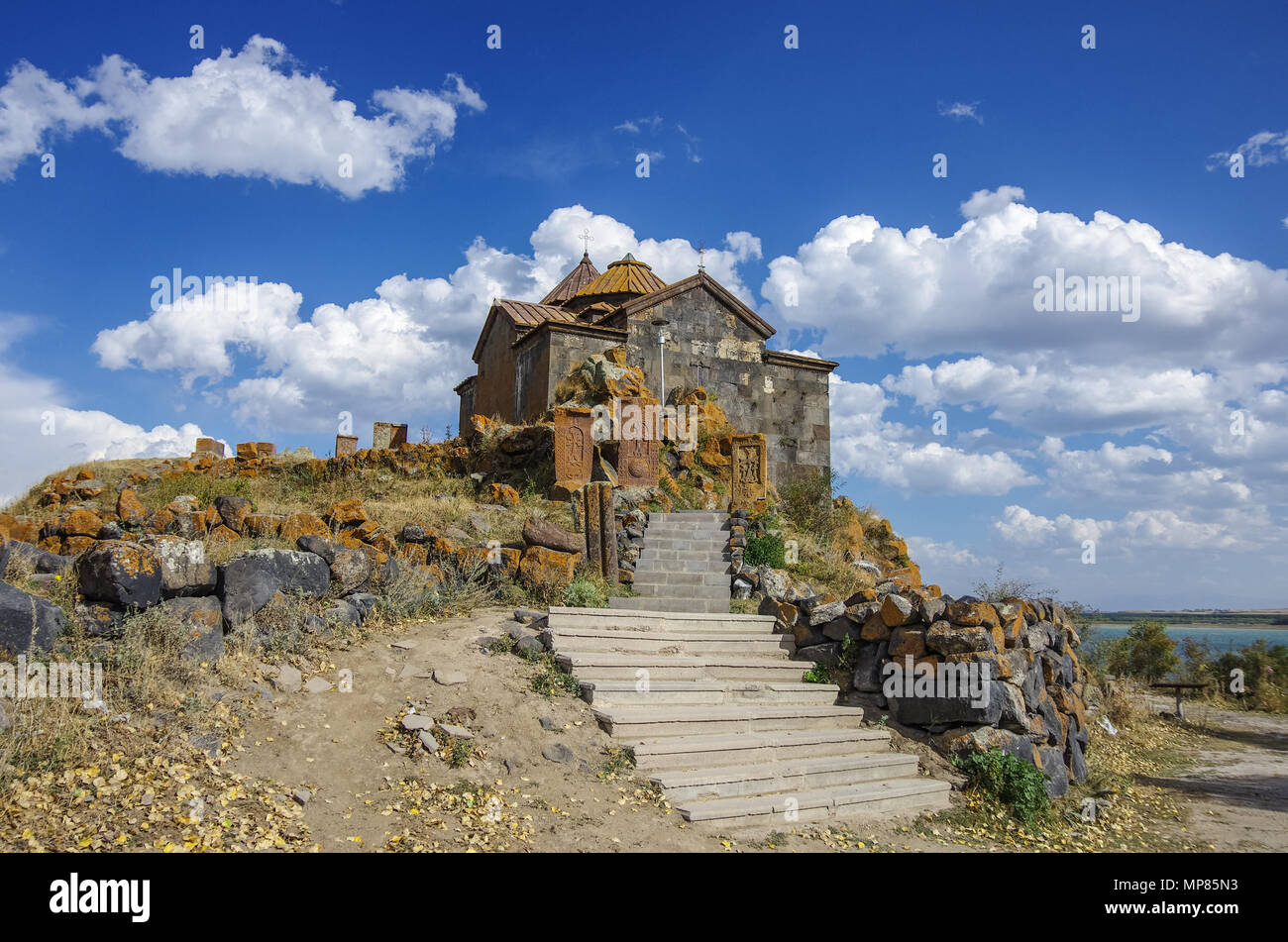 Khachkars at the monastery Hayravank. Lake Sevan shore, Armenia Stock ...