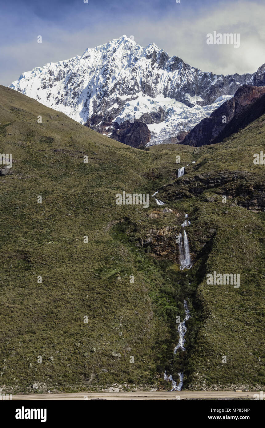 Waterfall and Quitaraju mountain peak located in the Cordillera Blanca ...