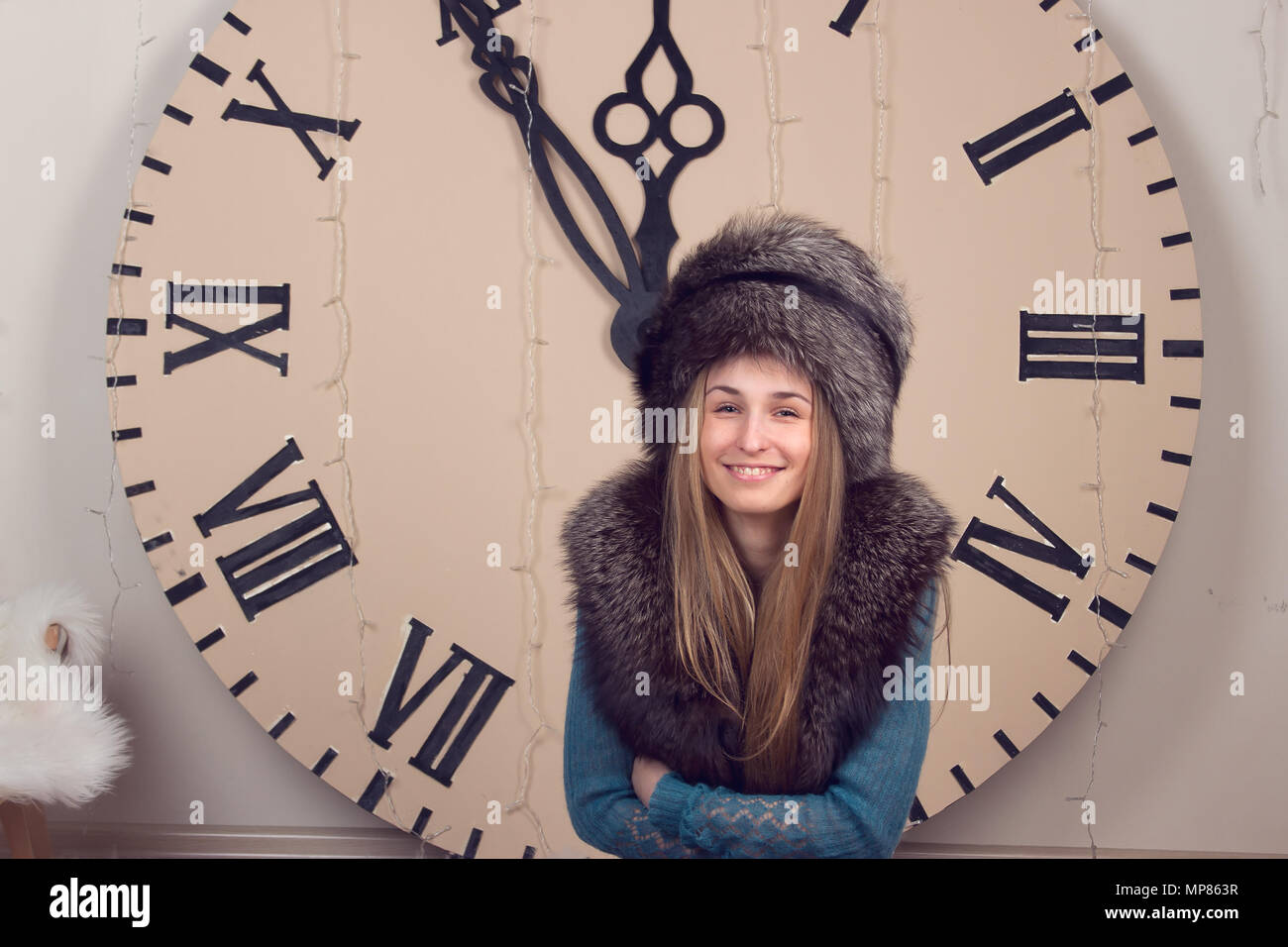 beautiful girl on clocks background lunch time Stock Photo - Alamy