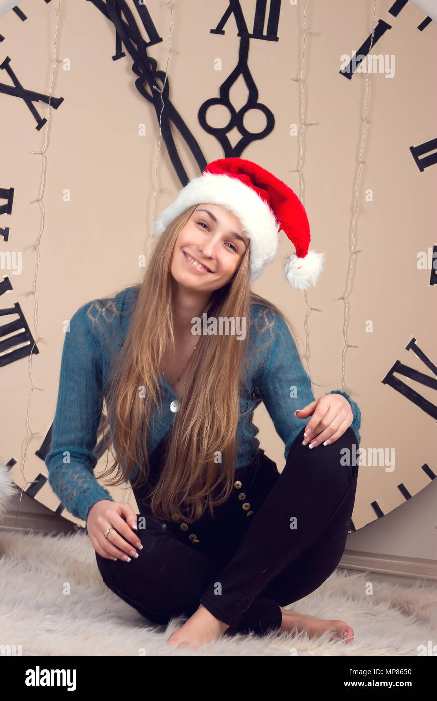 beautiful girl on clocks background lunch time Stock Photo - Alamy