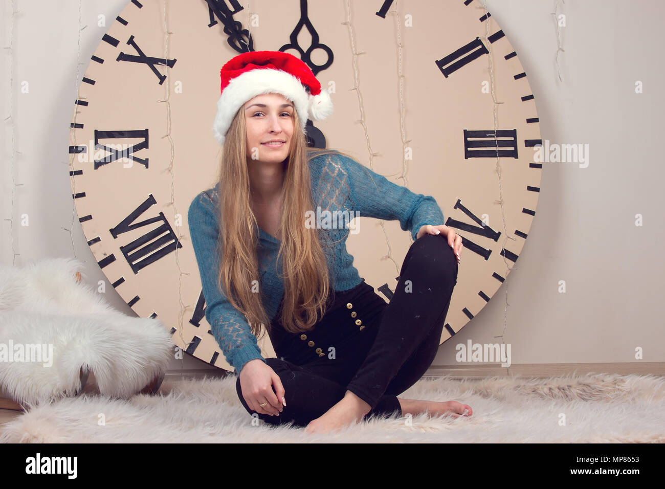 beautiful girl on clocks background lunch time Stock Photo - Alamy