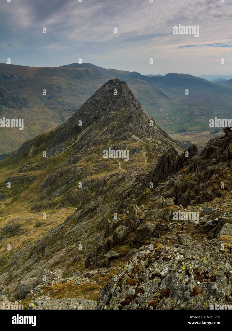 Tryfan, Bristly Ridge and the Ogwen Valley from the summit of Glyder ...