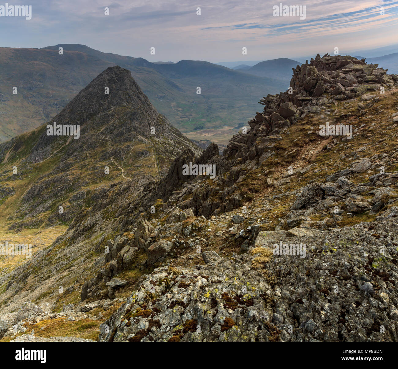 Tryfan, Bristly Ridge and the Ogwen Valley from the summit of Glyder ...