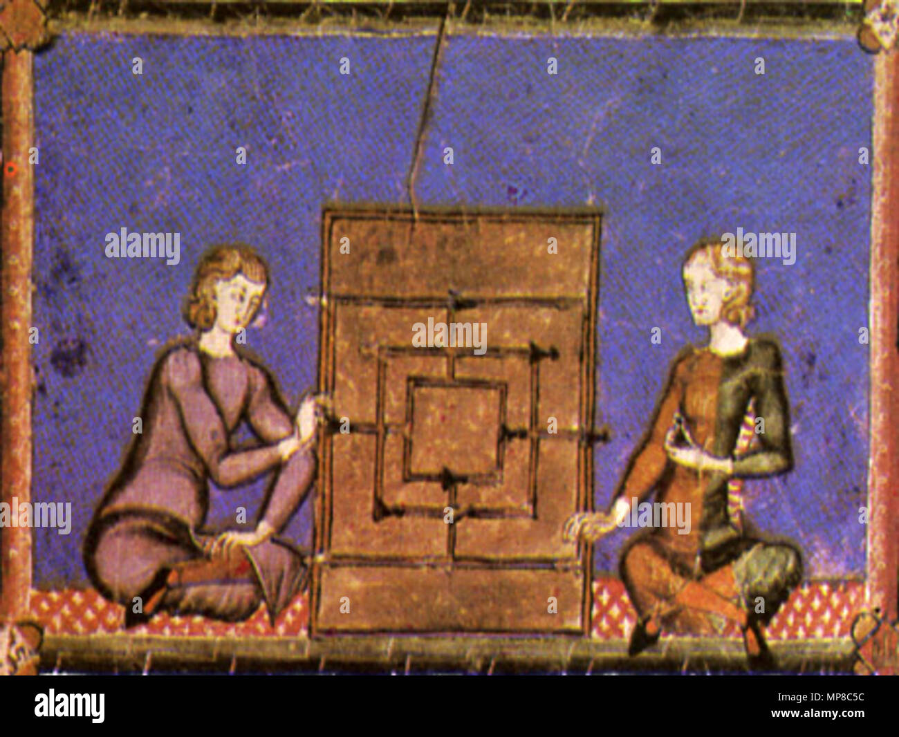 . Men playing Nine Men's Morris, pictured in Libro de los juegos. 1283 ...