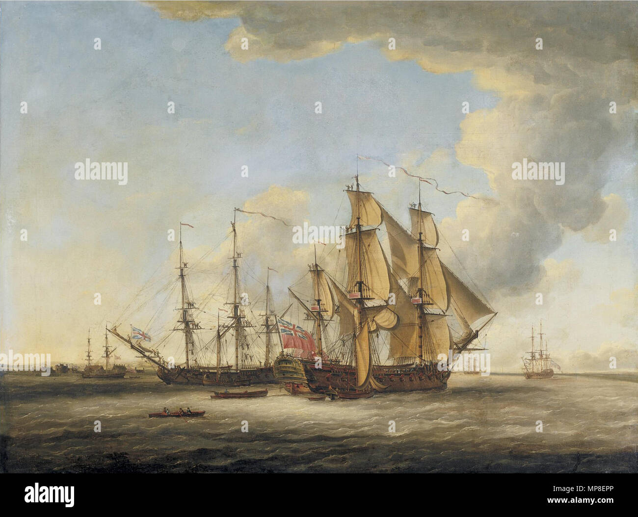 English: Two British Men-o-War among other ships in an estuary 1768 ...
