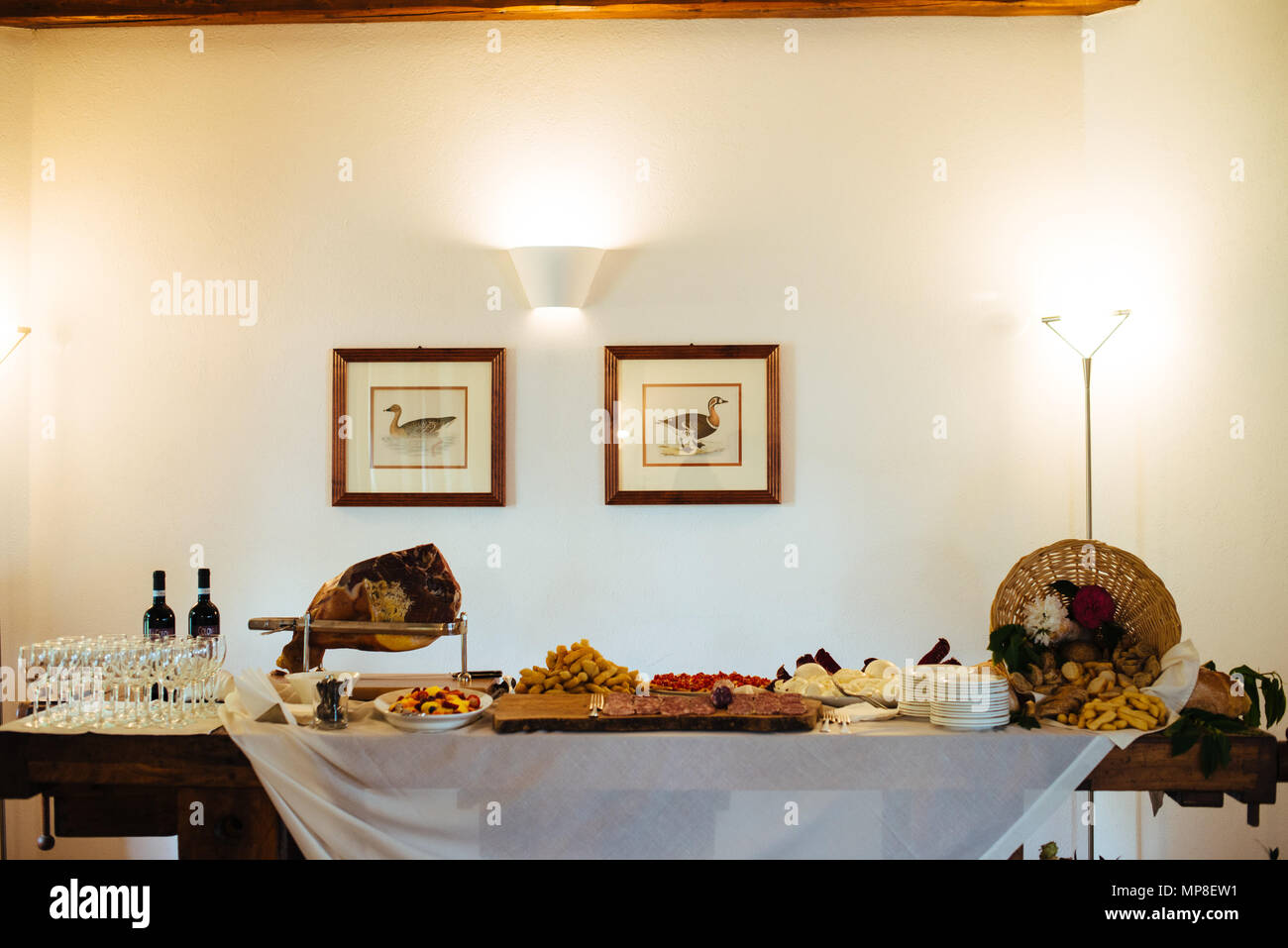 restaurant table prepared with tasting dishes for an aperitif for a ...
