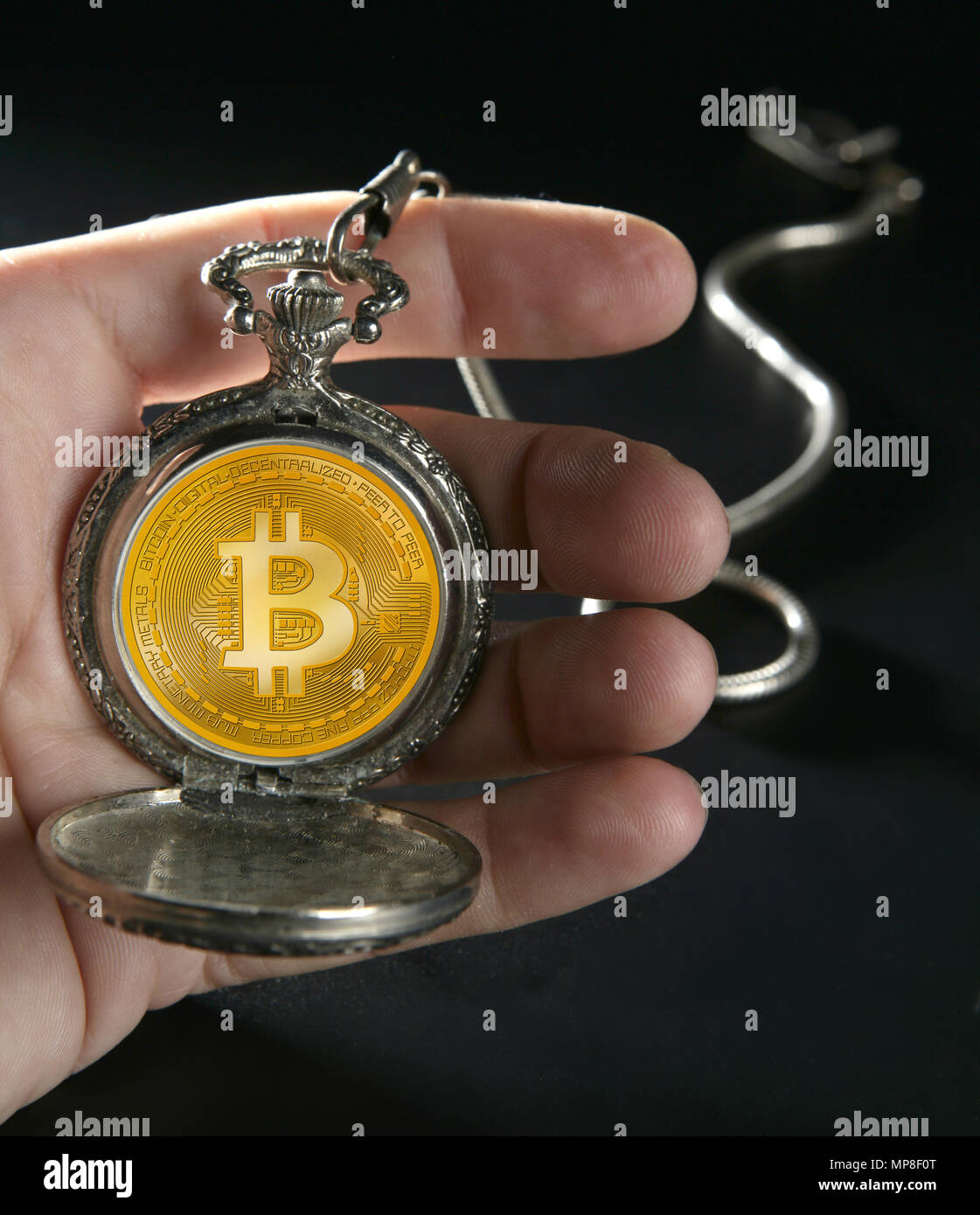 Bitcoin BTC time concept antique vintage pocket watch Stock Photo - Alamy
